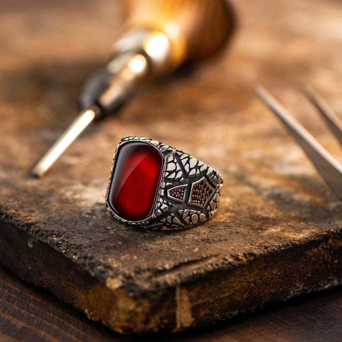 Man Vintage Ring, Red Agate Gemstone Ring